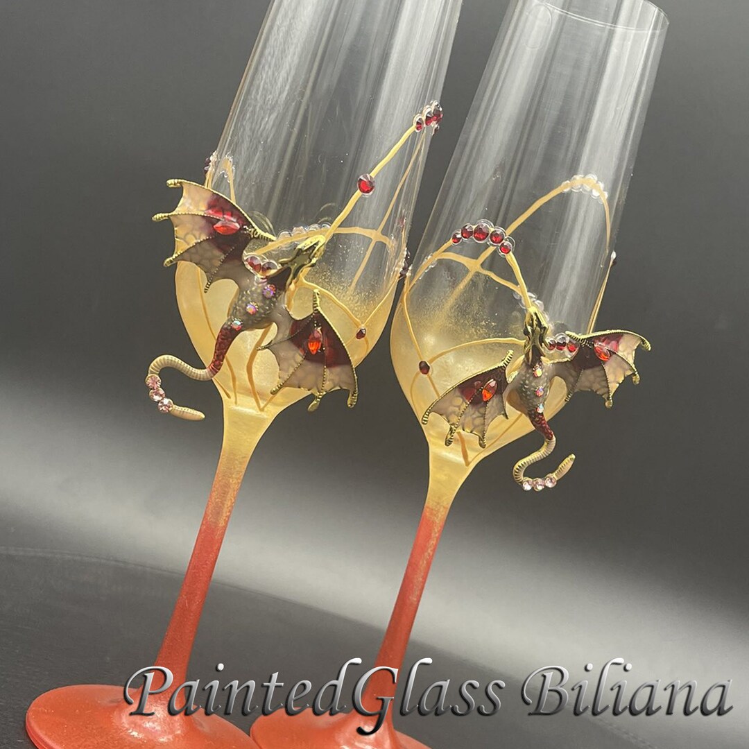Red Gold Dragon Wedding Champagne Flutes Hand Painted Wedding Champagne ...