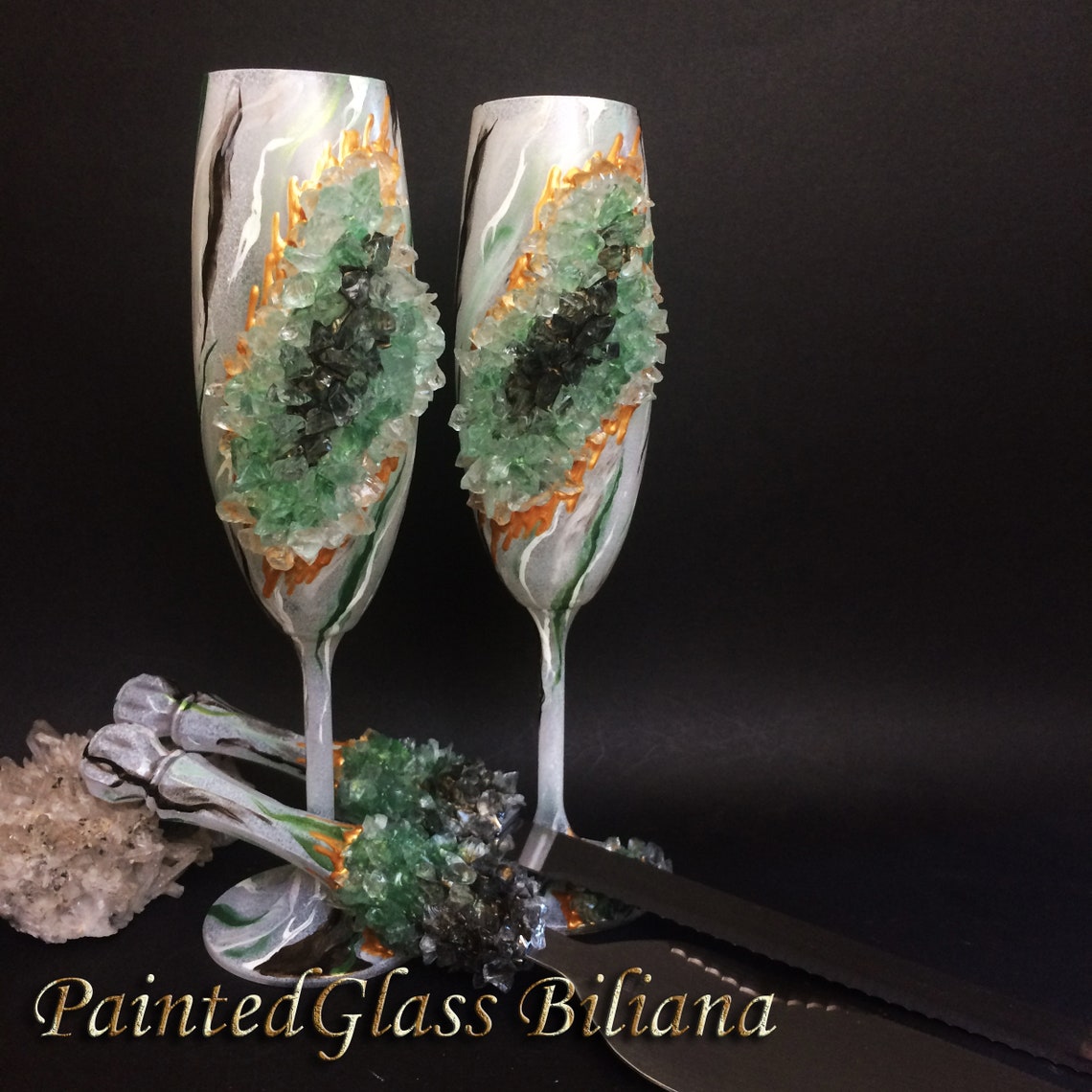 Green Marble Geode Wedding Flutes Handpainted Handmade Geode | Etsy