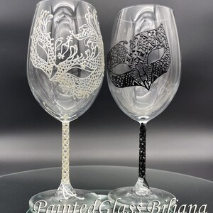 Toasting Wine Glasses Set of 2 Lace Domino Masquerade Mask in Black and ...