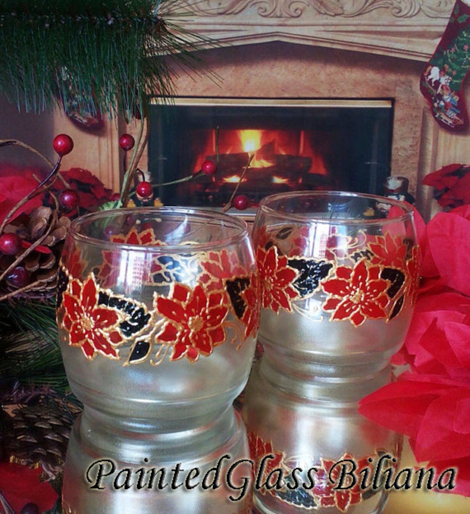 Set of 2 Winter Hand Painted Whiskey Christmas Poinsettia - Etsy