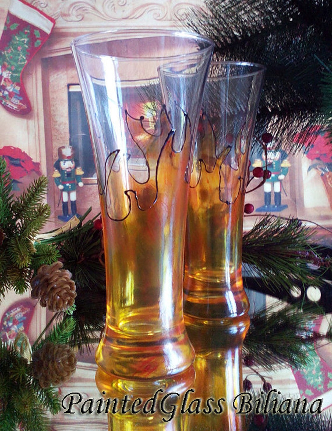 Set of 2 Hand Painted Pilsner Beer Glasses on Fire - Etsy