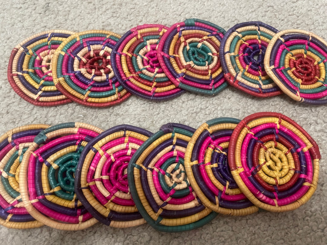 Raffia Rattan Round Drink Coasters, Set of 12, Handmade - Etsy