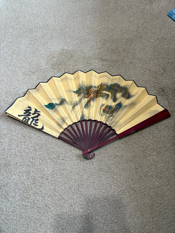 Asian Fan, large with fire breathing dragon - Gem