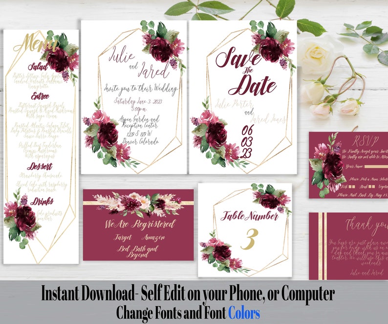 Maroon Gold Floral Wedding Invitations Wedding Invitations - Etsy