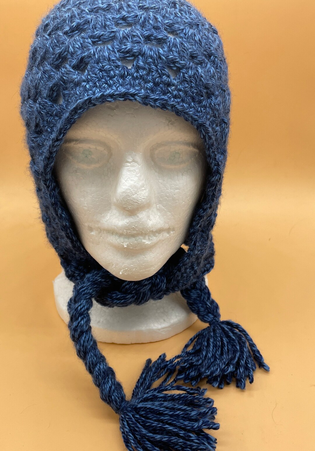 Crocheted Blue Trapper Type Hat With Ear Flaps and Braids - Etsy
