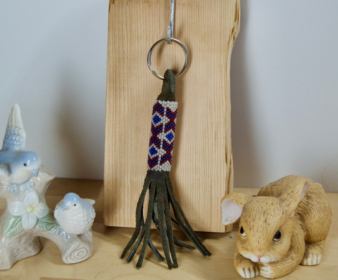 Peyote Stitch Native American Style Beaded Keychain With a Red and Blue ...