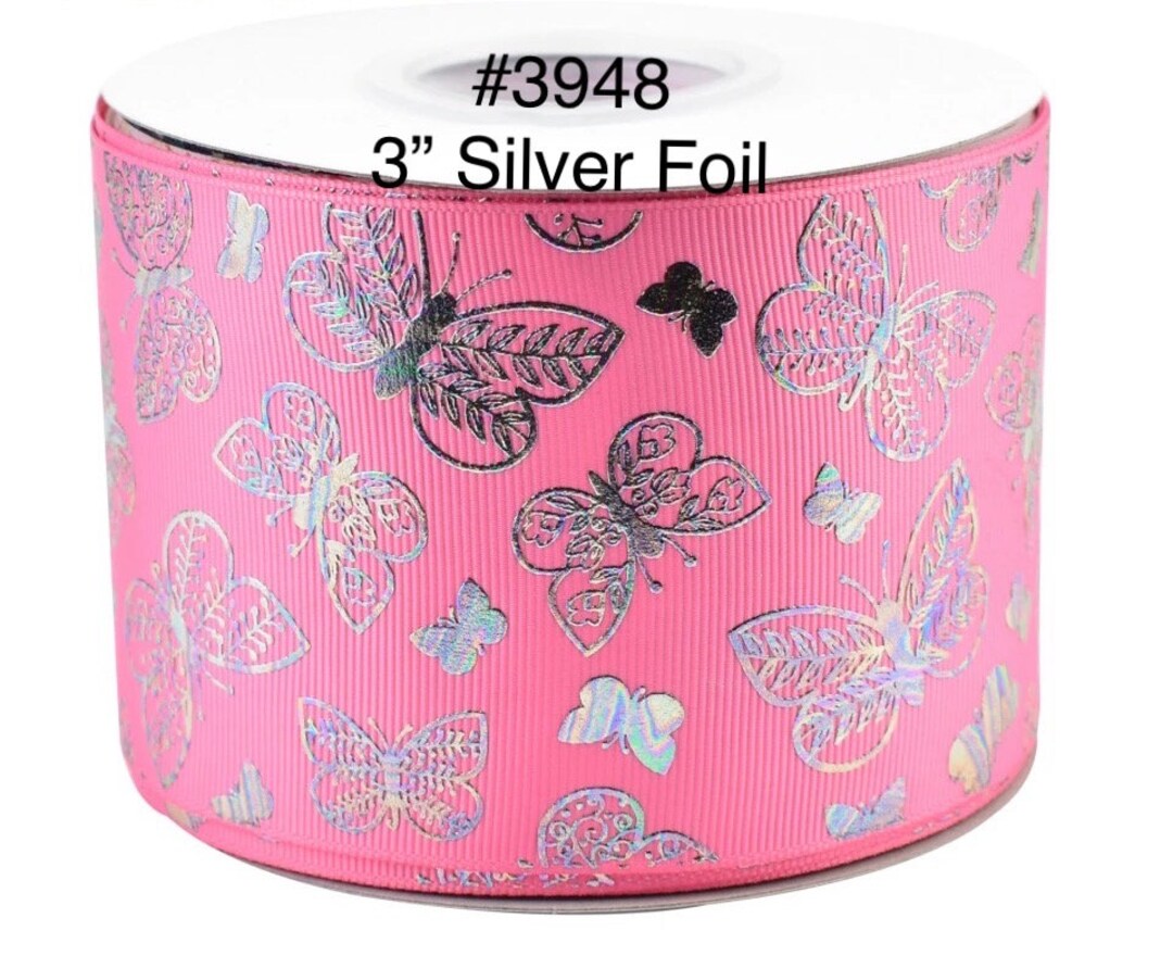 2/3/5 Yard - 3" Silver Foil Insect Butterfly on Pink Jumbo Grosgrain ...