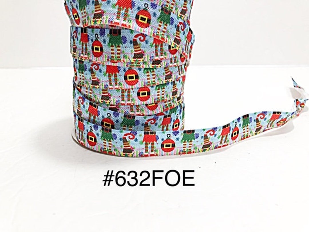 3 or 5 Yard 5/8 Christmas Elf Leg, Hat, Ornament and Snowflake on Blue ...