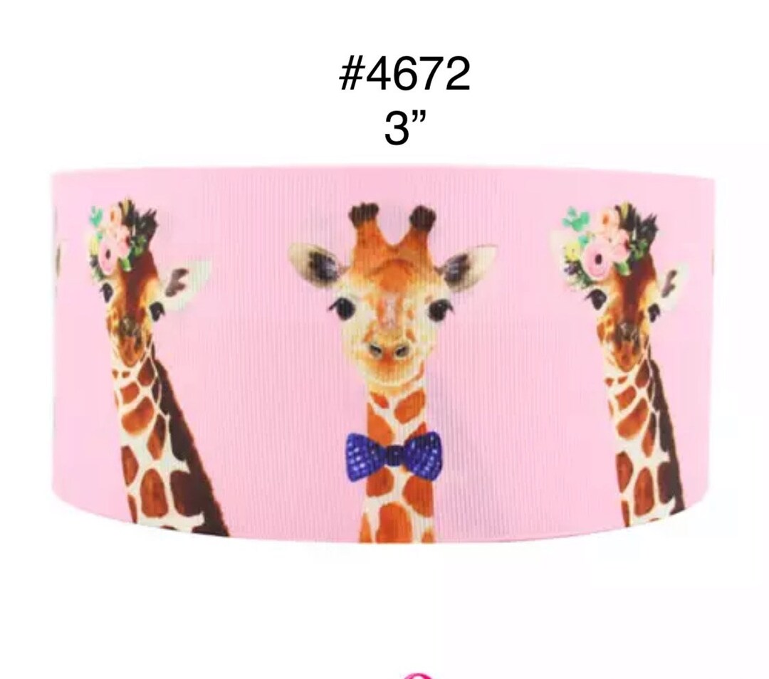 2/3/5 Yard 3 Zoo Animal Giraffe on Pink Jumbo Grosgrain Ribbon Cheer ...