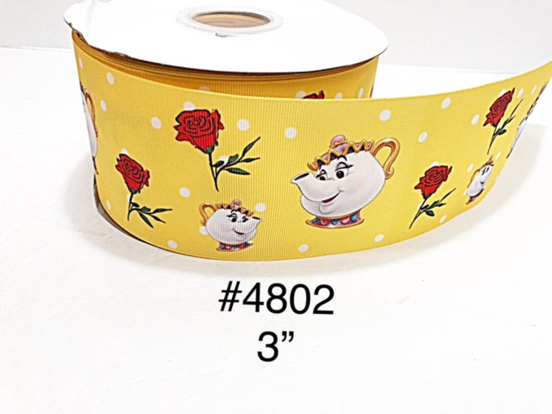 4 Yard - 3" Princess Belle's Teapot, Tea Cup and Red Rose Polka Dot on ...