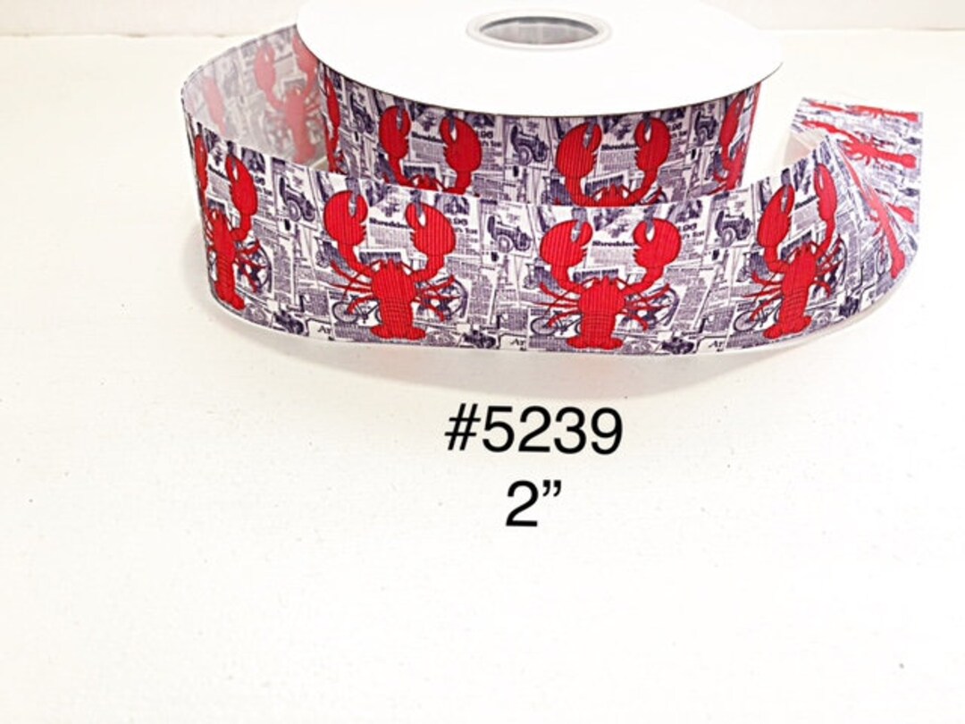 3 or 5 Yard - 2" Seafood Crawfish on Newspaper Motif Grosgrain Ribbon ...