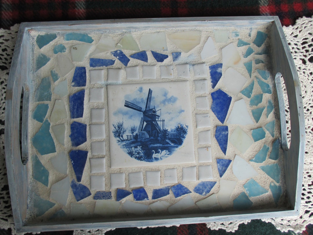 Handmade Mosiac Wood Tray With Windmill, Blues and Aqua Mosaics and ...