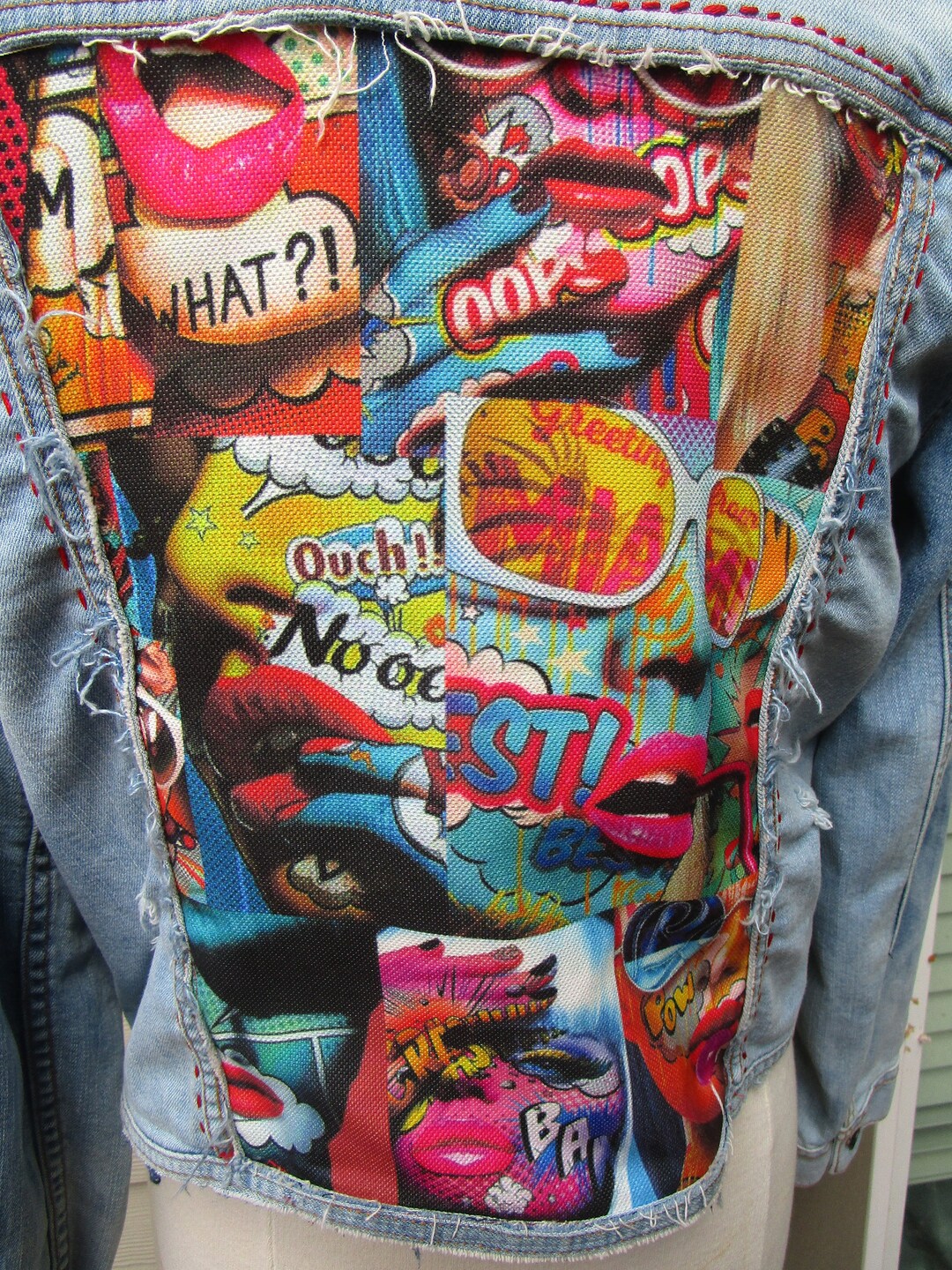 Really Cool Upcycled DISTRESSED Denim Jacket With Bright Comic Patches ...