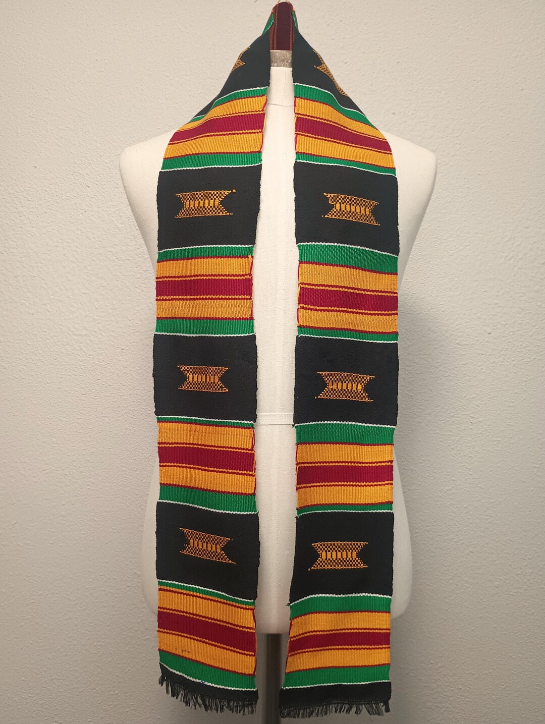 African Kente Graduation Stole With Stool Symbols, Black With Gold, Red ...