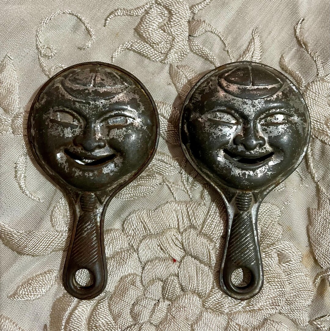 Two Antique Tin Toy Baby Rattles Man in the Moon Happy Face Full Moon ...