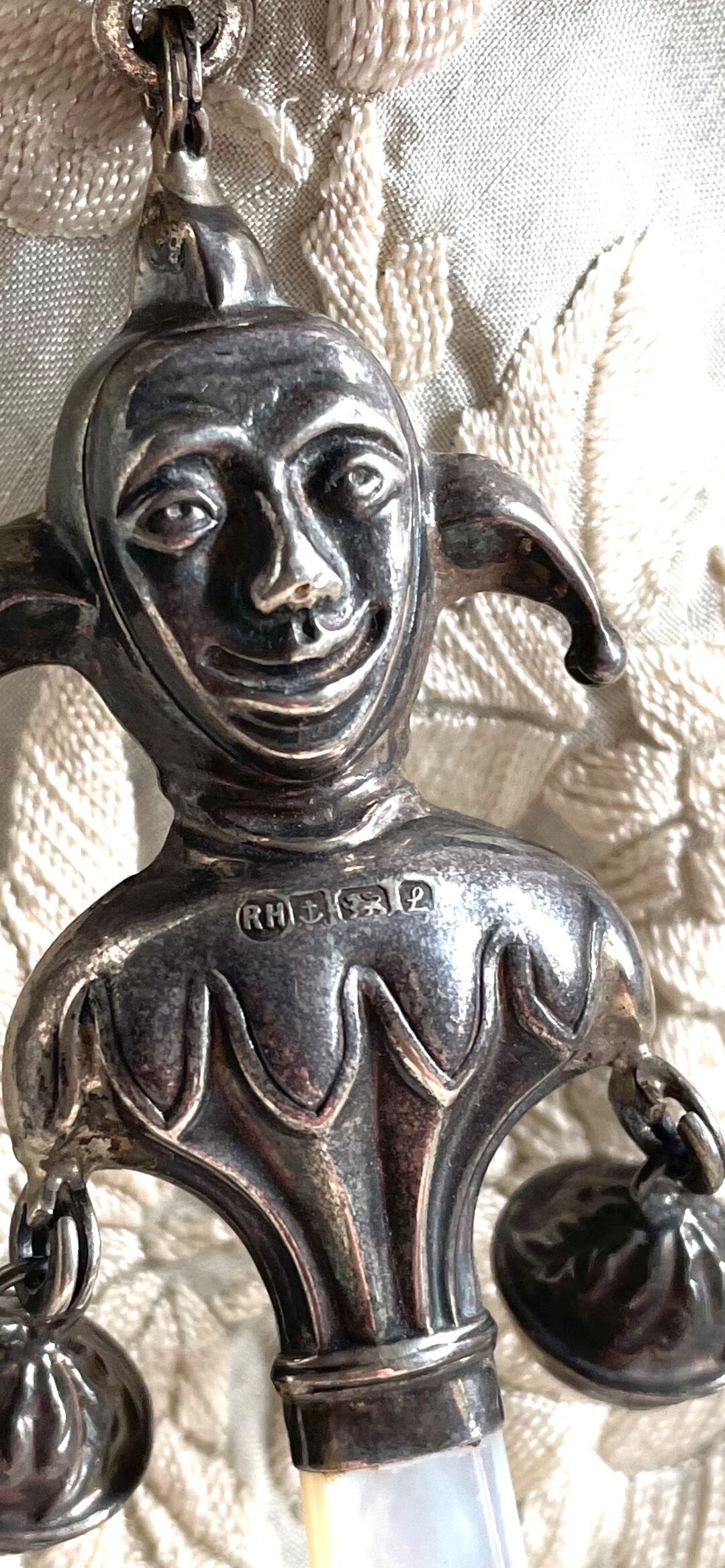 Antique Vintage Sterling Silver Toy Baby Rattle Jester Bas Relief ...