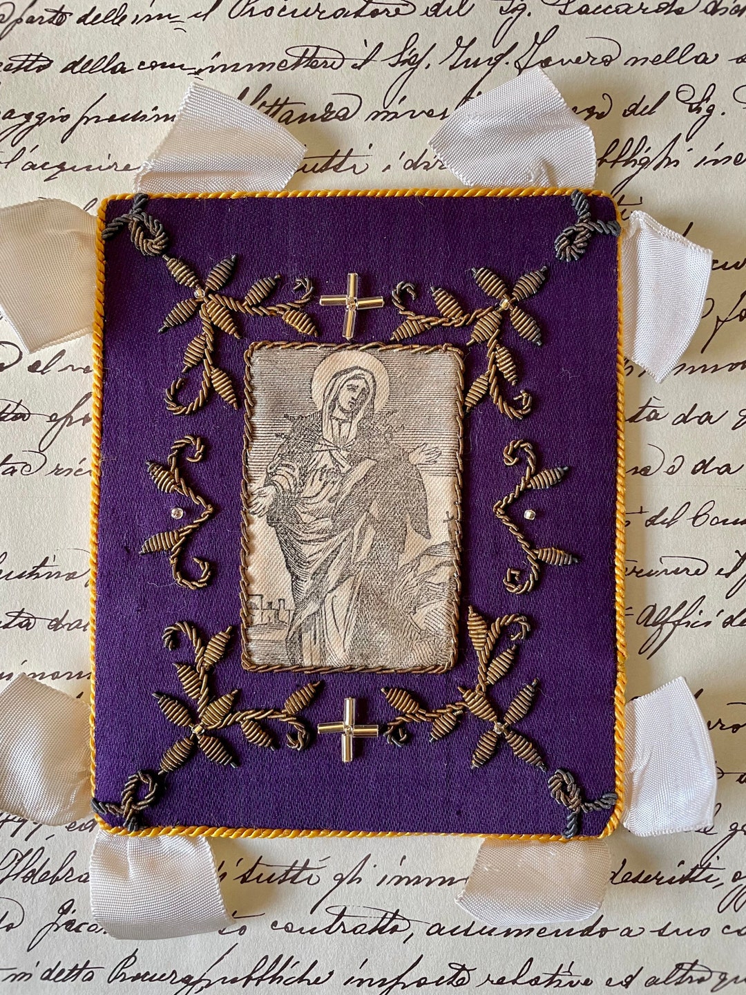 Antique 18th Century Xylograph Embroidered Scapular Detente Reliquary ...