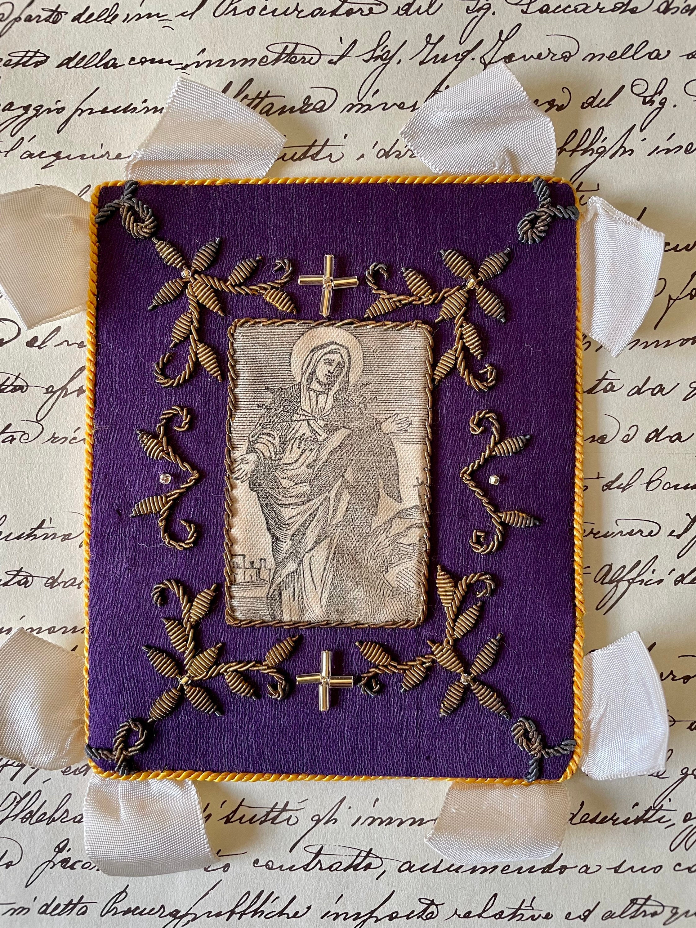 Antique 18th Century Xylograph Embroidered Scapular Detente Reliquary ...