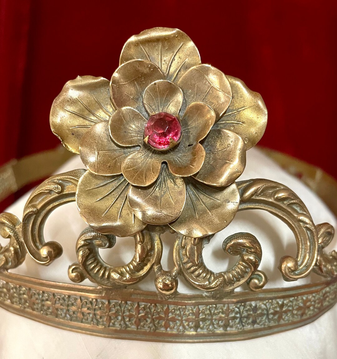 Large Antique 19th Century French Tiara Crown Rose Motif With Ruby ...