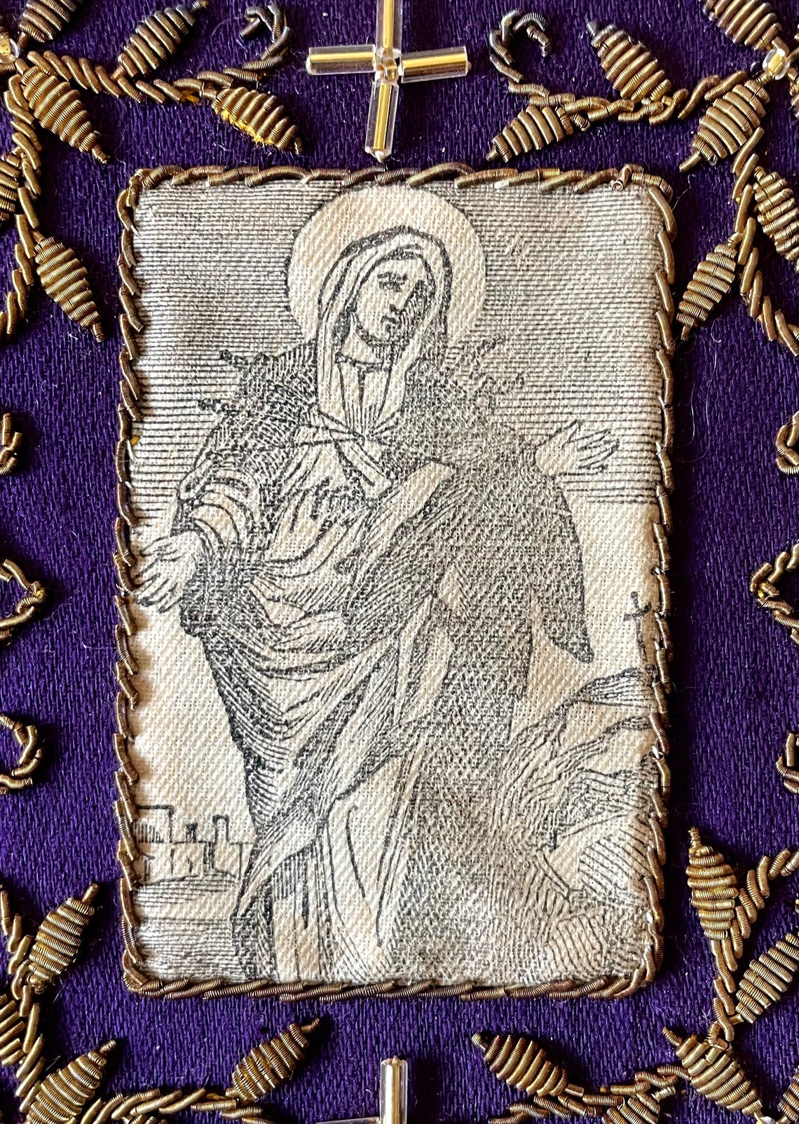Antique 18th Century Xylograph Embroidered Scapular Detente Reliquary ...