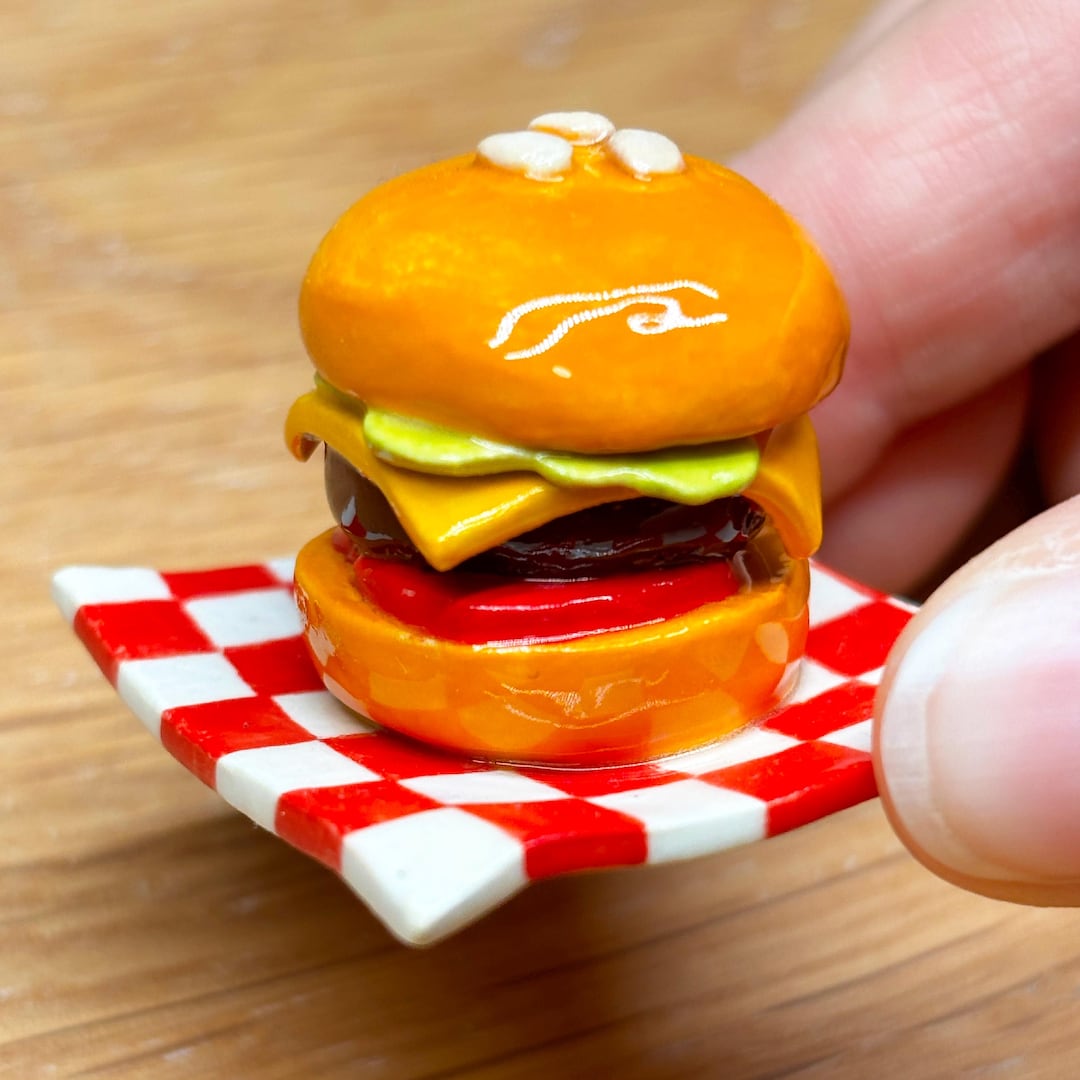 Small Hamburger on Checked Cloth - Ceramic Piece - Hand Built Stoneware ...