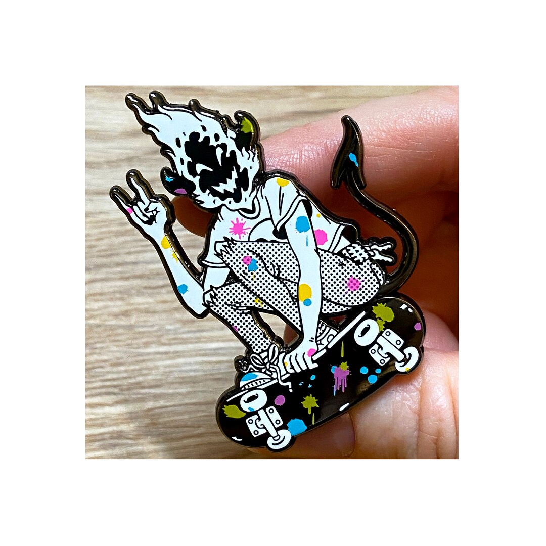 Skater Demon Enamel Pin · Black Metal · Screen Printed Detail · Shiny ...