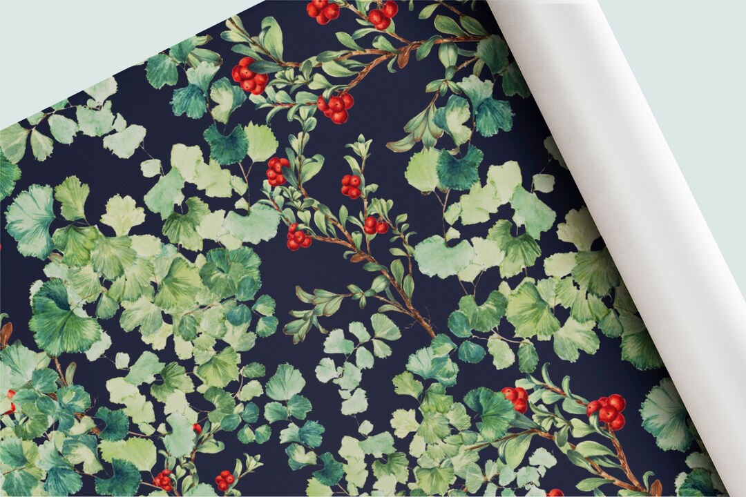 Botanical Wrapping Paper: Red Berries & Green Leaves on Black Elegant ...