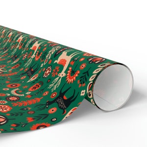Wrapping Paper: Scandinavian Folk Art in Green Whimsical Deer and ...