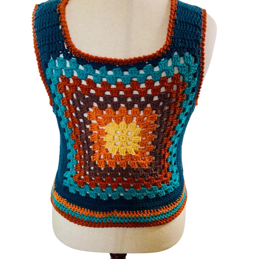 Crochet Vest Tank Top Retro 70's Hippie Granny Square Rib Tickler ...