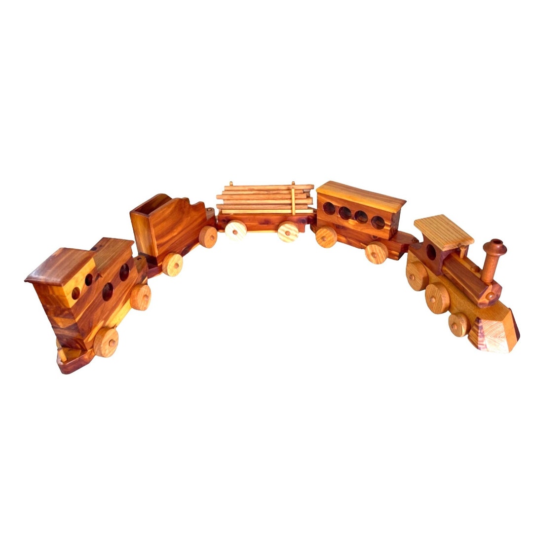 Wood Train Set Large 42” Long 5 Interlocking Cars Working Wheels ...