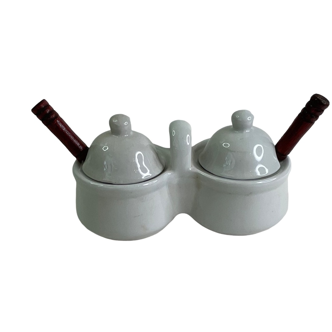 Double Condiment Serving Set With Spoons Houston Harvest White Ceramic ...