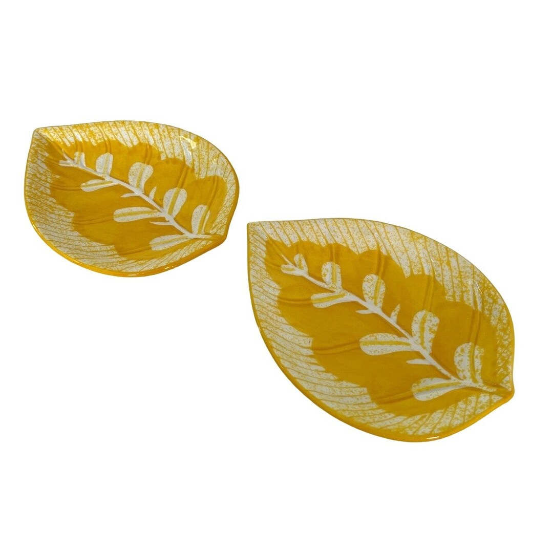 Vintage Leaf Plate Trinket Dish Trays Laurie Gates Yellow Ceramic 6.75 ...