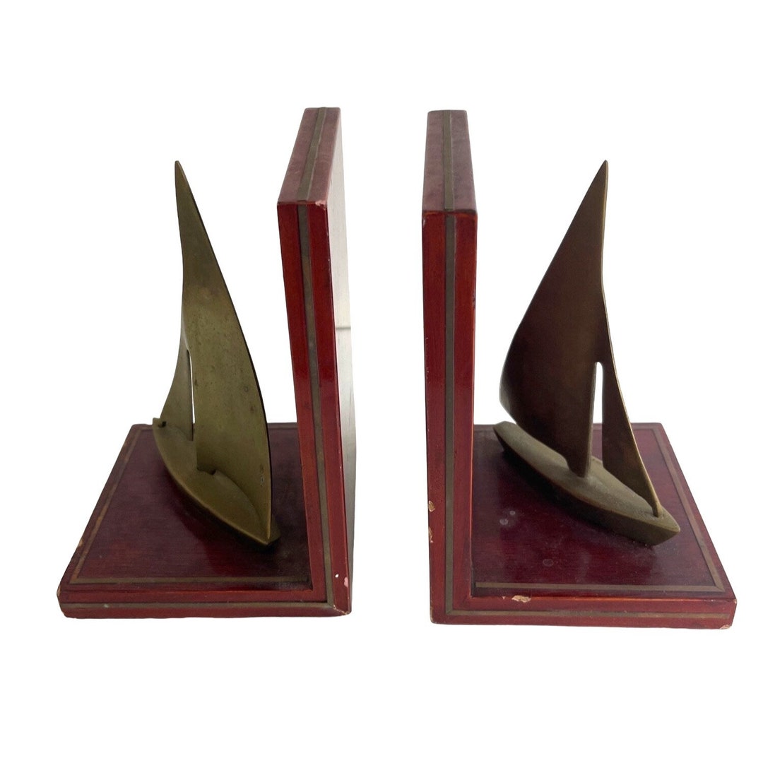 Wood and Brass Bookend Set Sailboats Tropical Nautical Office 7.5x 4 ...