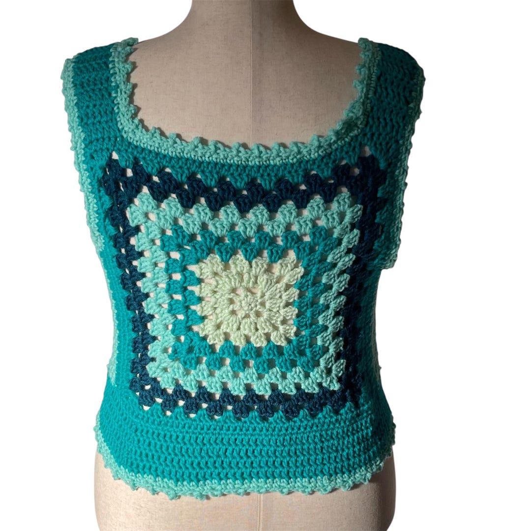 Crochet Vest Tank Top Retro 70's Hippy Granny Square Rib Tickler ...