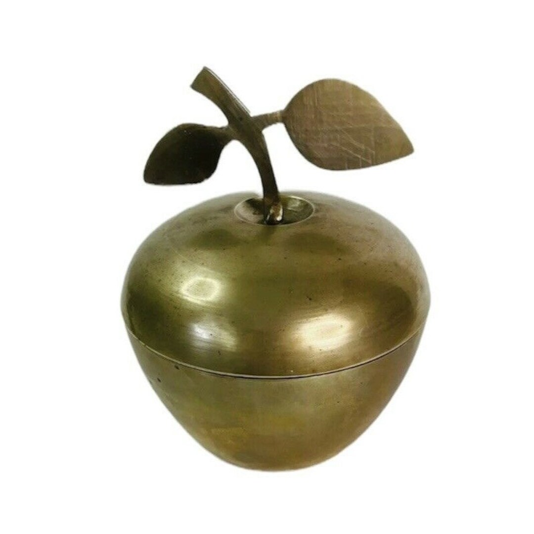 Vintage Brass Apple Trinket Dish Candy Box W/ Leaf Handled Lid Made in ...