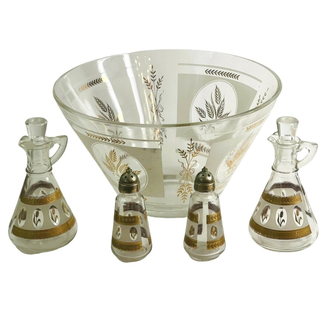 Anchor Hocking Salt & Pepper, Hazel Atlas Bowl, Brockway Cruet Set Gold ...