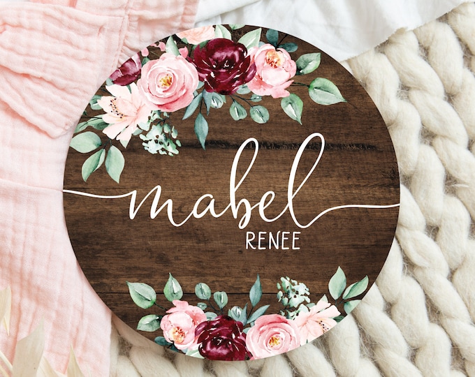 Purple Floral Baby Girl Round Wood Baby Name Sign Wooden Personalized ...