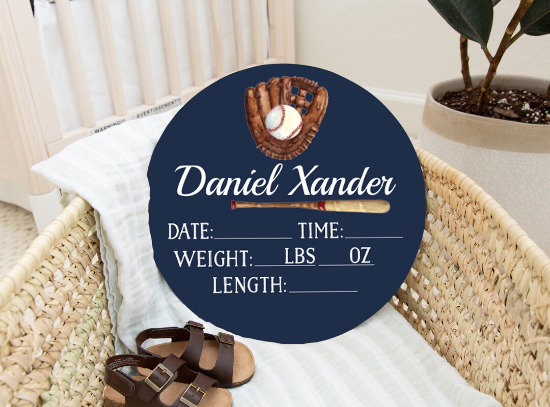 Baseball Birth Stat Sign Baby Name Sign Round Wooden Personalized Baby ...
