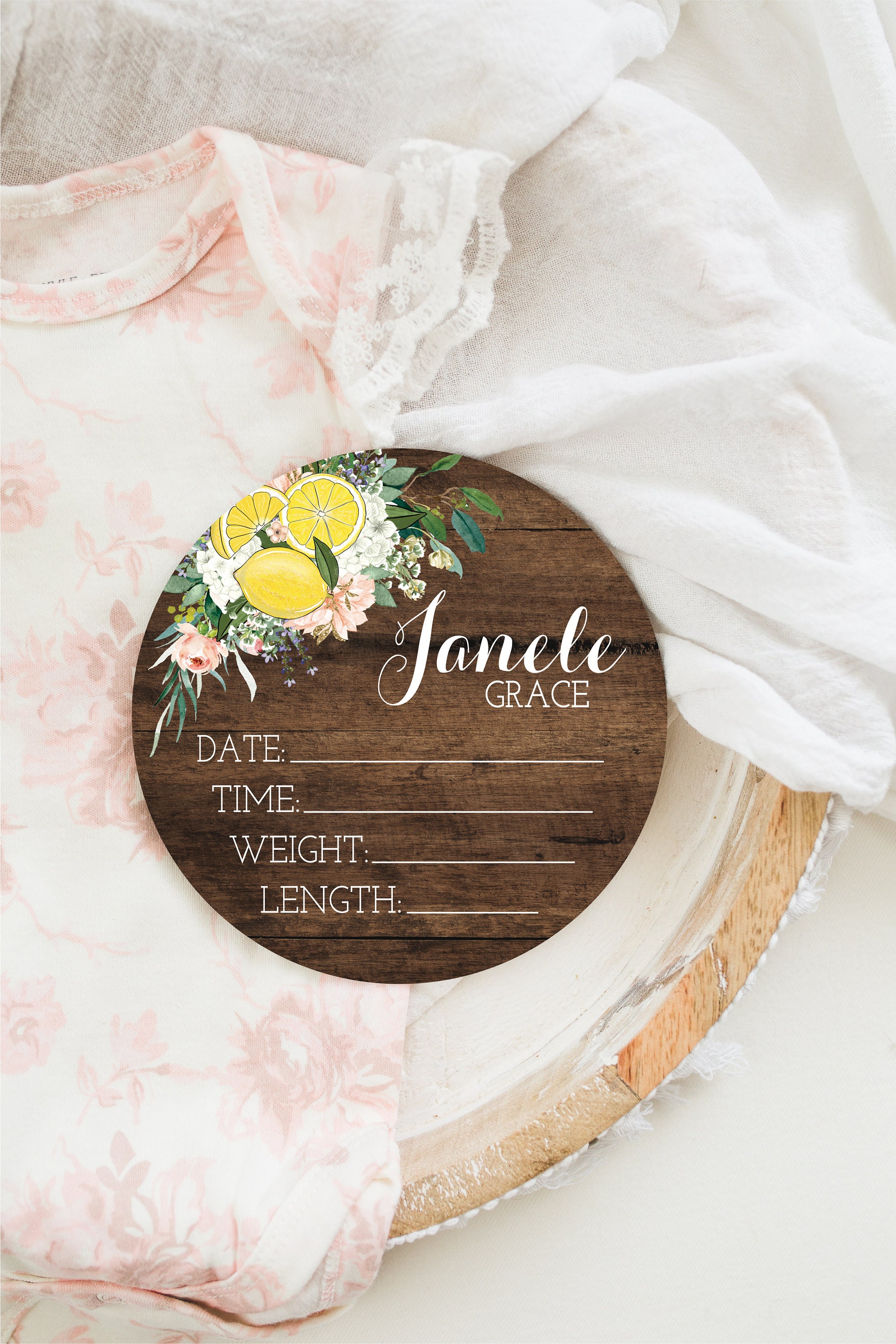 Lemon Birth Stats Round Wood Baby Name Sign Wooden - Etsy