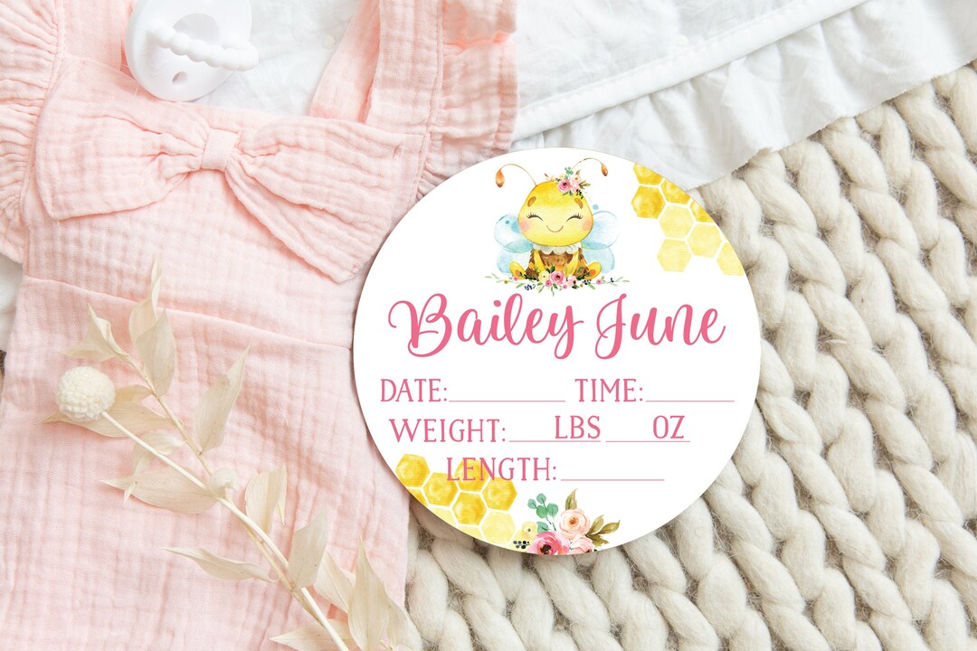 Bee Birth Stats Round Wood Baby Name Sign Wooden Personalized Honey Bee ...