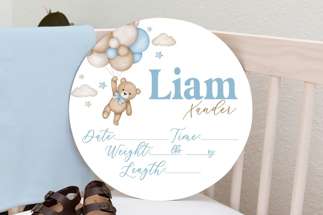 Balloon Bear Baby Birth Stat Sign, Bear Baby Name Sign, Baby Boy ...