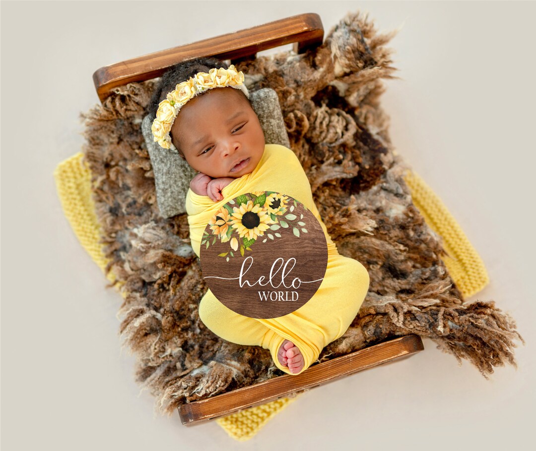 Hello World Floral Baby Girl Round Wood Baby Sign Wooden Personalized ...