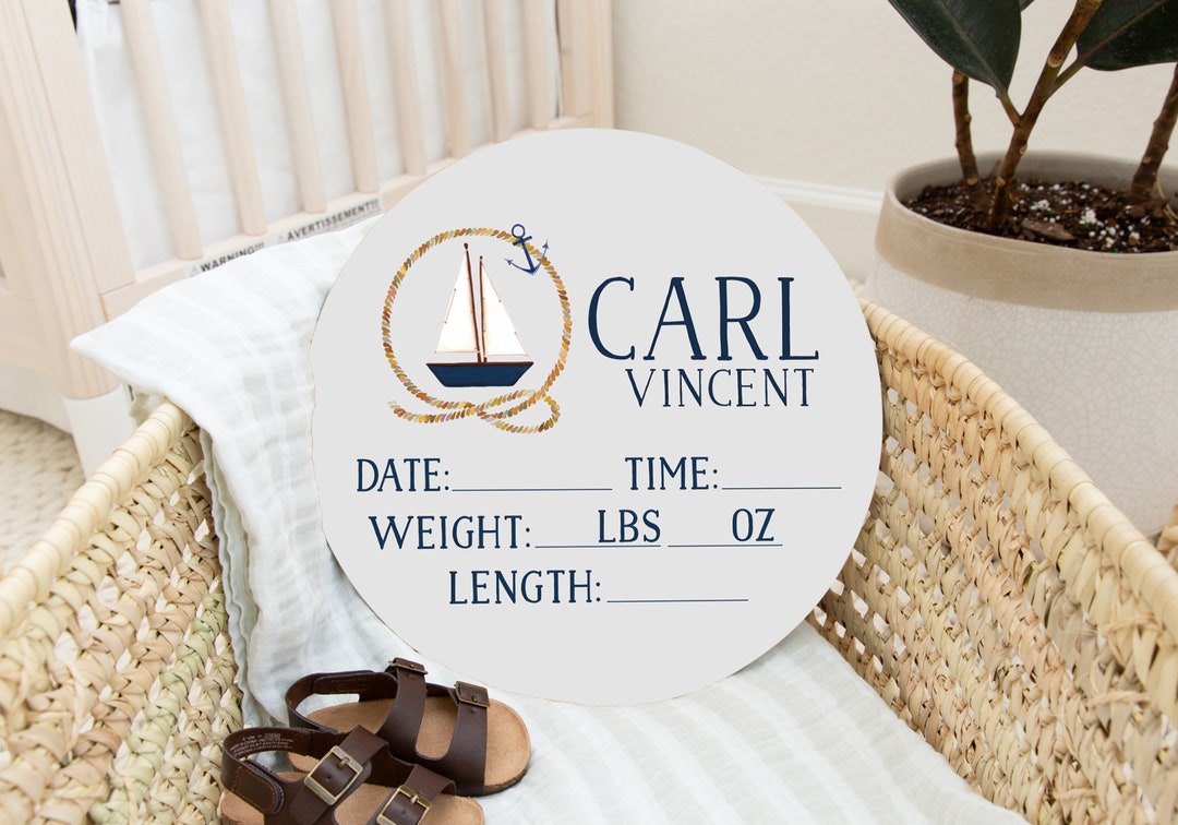 Nautical Birth Stats Round Wood Baby Name Sign Wooden Personalized Baby ...