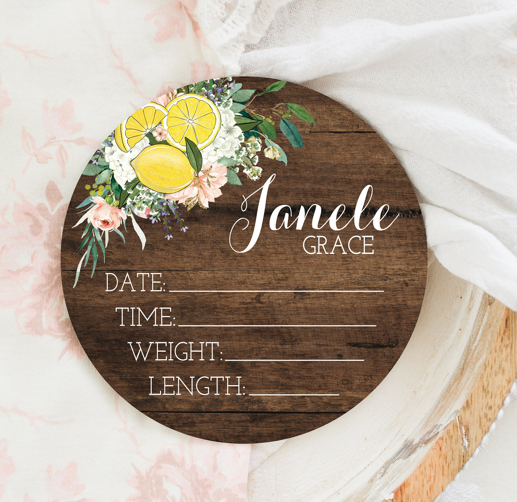 Lemon Birth Stats Round Wood Baby Name Sign Wooden - Etsy