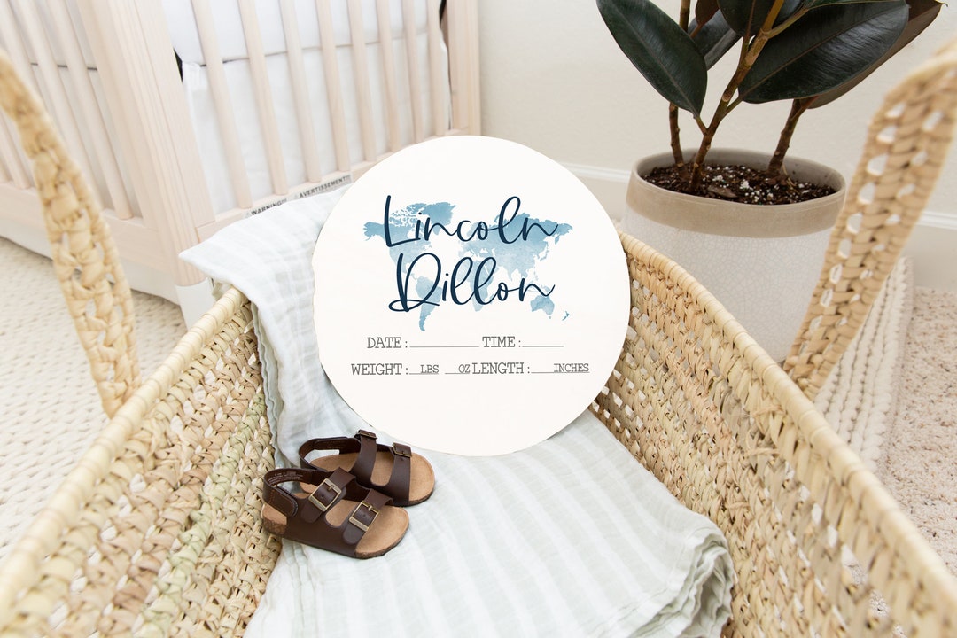 World Map Birth Stats Wood Name Sign Wooden Round Personalized Baby ...