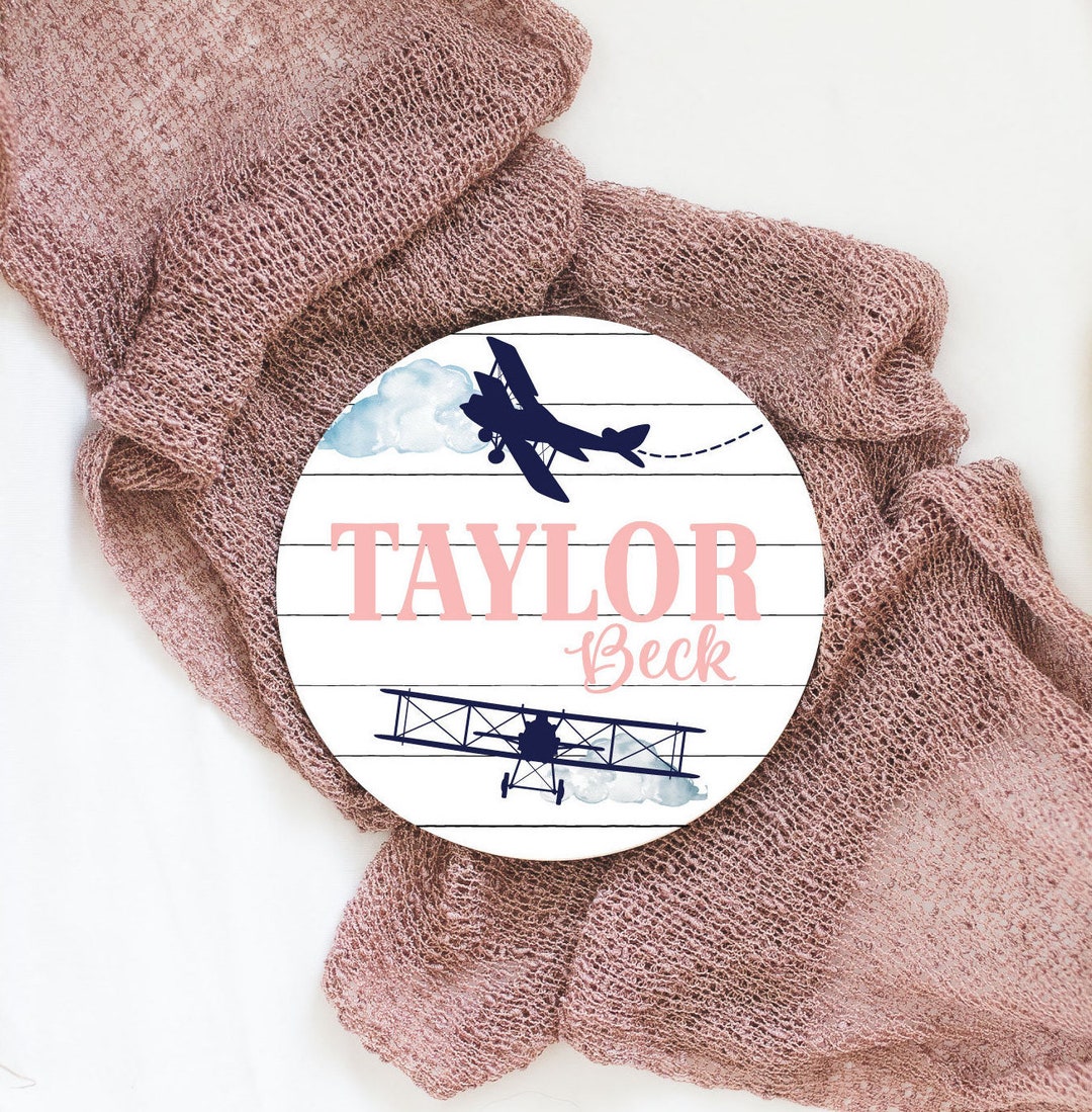 Airplane Baby Girl Round Wood Baby Name Sign Wooden Personalized Baby ...