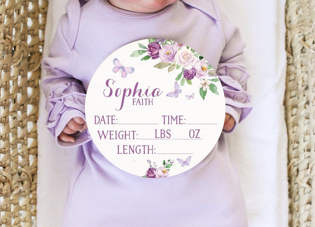 Butterfly Birth Stats Round Wood Baby Name Sign Wooden Personalized ...