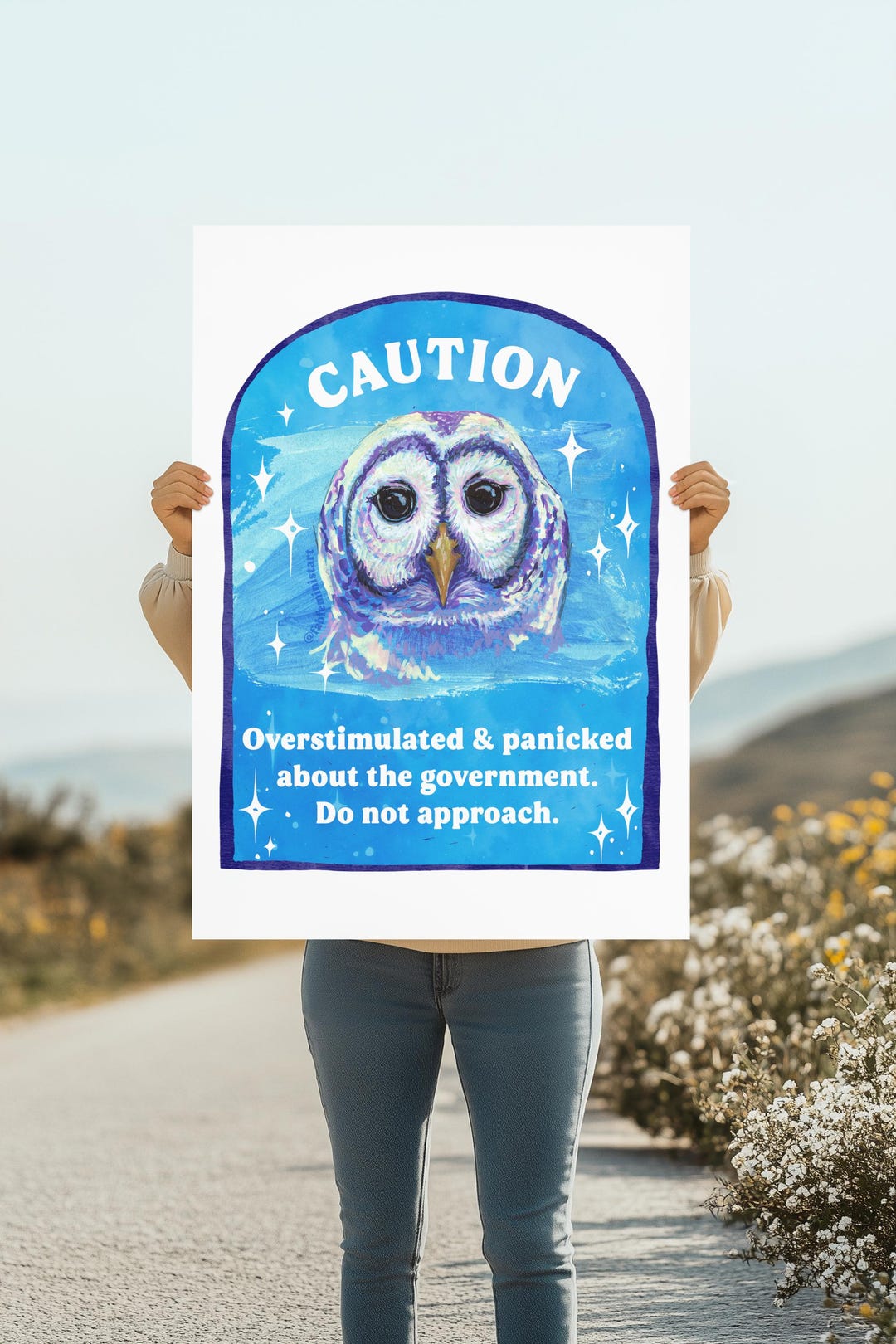 Whimsical Owl Caution Poster, Overstimulated and Panicked About the ...