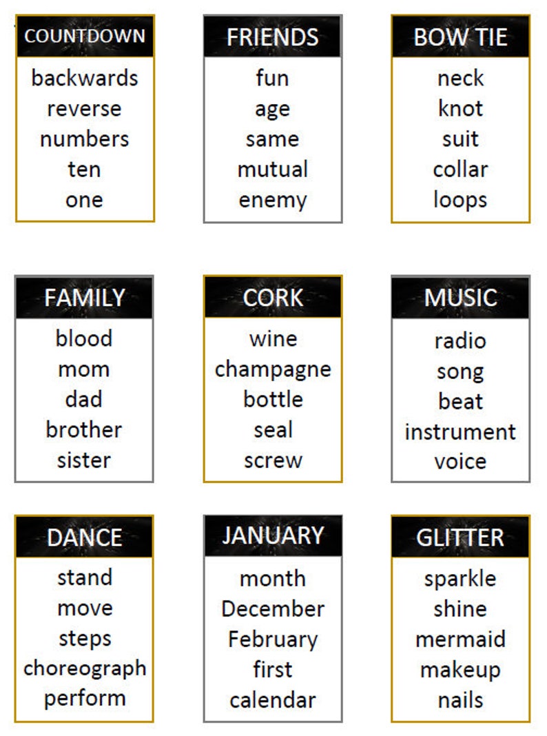 Printable New Year's Eve Taboo Game Cards Instant Download Game Winter ...