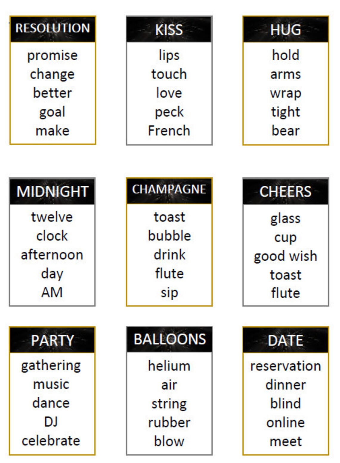 Printable New Year's Eve Taboo Game Cards - Instant Download Game ...